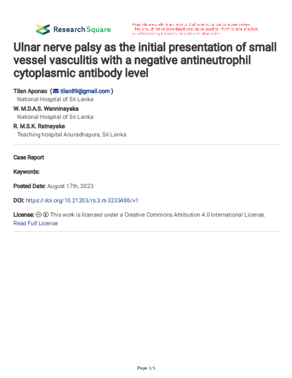 (PDF) Ulnar nerve palsy as the initial presentation of small vessel ...
