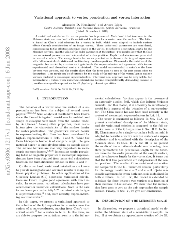 (PDF) Variational approach to vortex penetration and vortex interaction ...