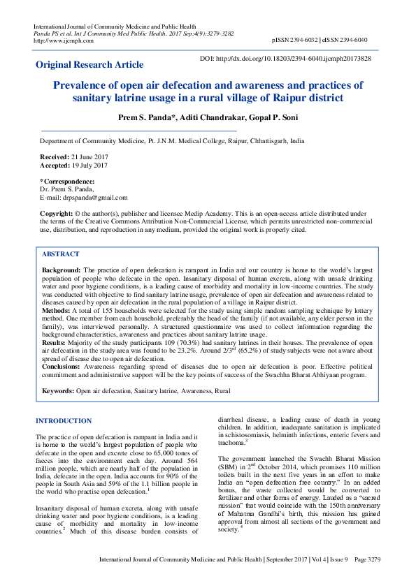 (PDF) Prevalence of open air defecation and awareness and practices of ...