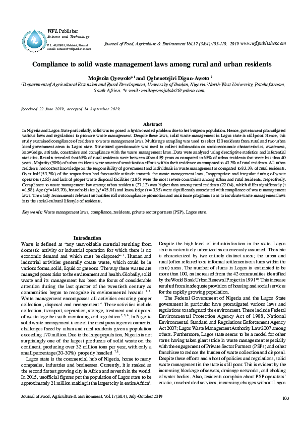 (PDF) Compliance to solid waste management laws among rural and urban ...