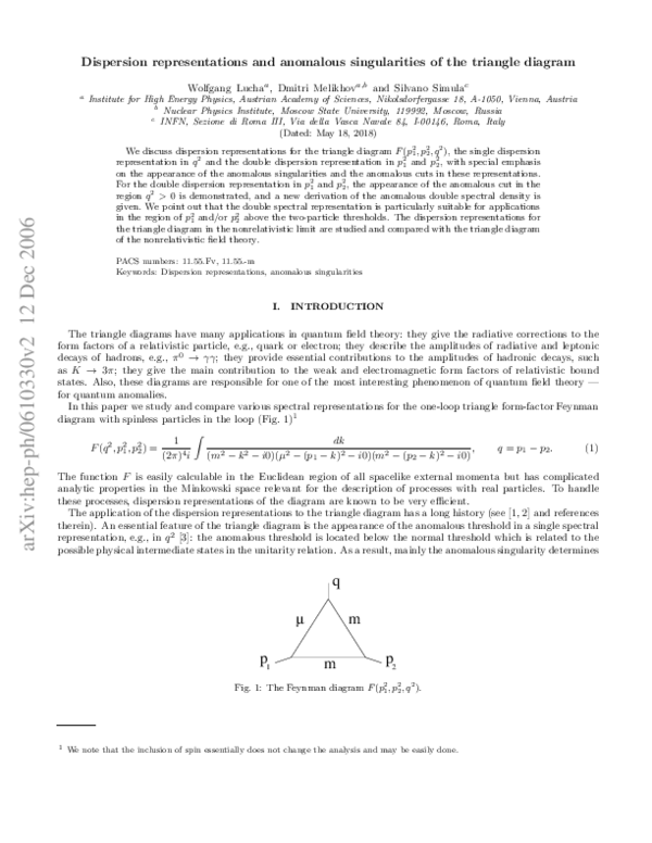 (PDF) Dispersion representations and anomalous singularities of the triangle diagram | Wolfgang ...
