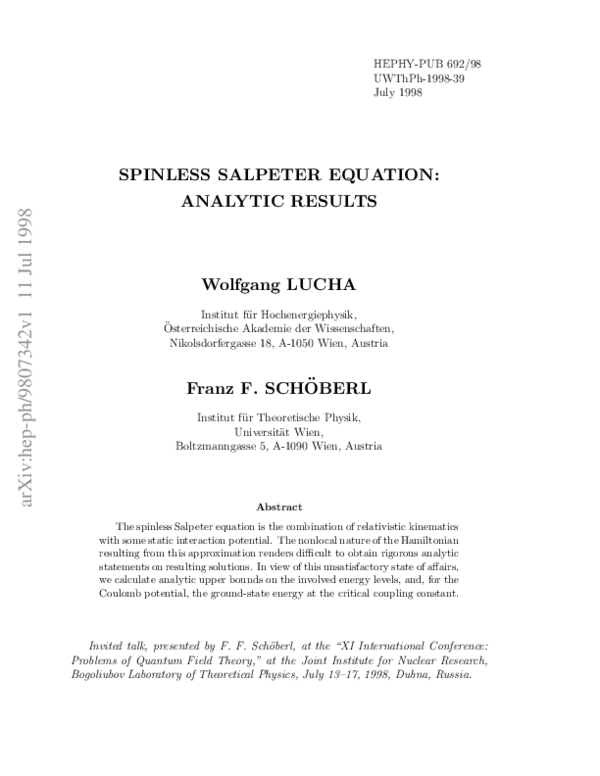 (PDF) Spinless Salpeter Equation: Analytic Results