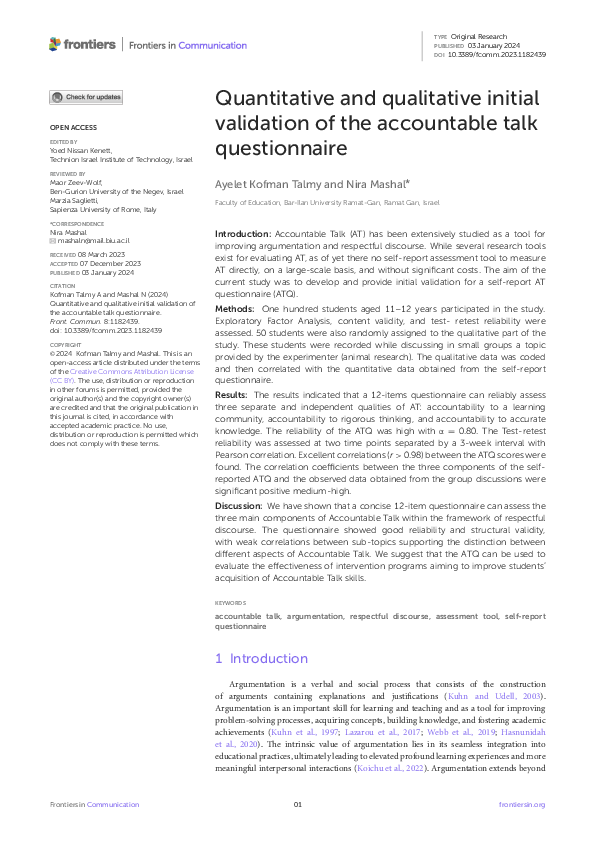 (PDF) Quantitative and qualitative initial validation of the accountable talk questionnaire