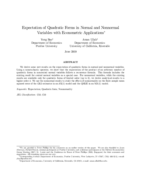 (PDF) Expectation of quadratic forms in normal and nonnormal variables with applications