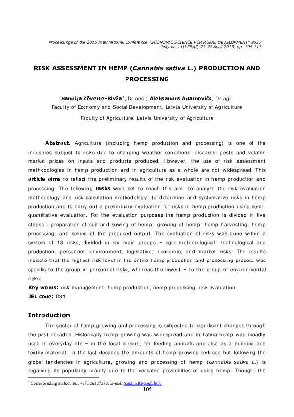 (PDF) Risk assessment in hemp (Cannabis sativa L.) production and ...