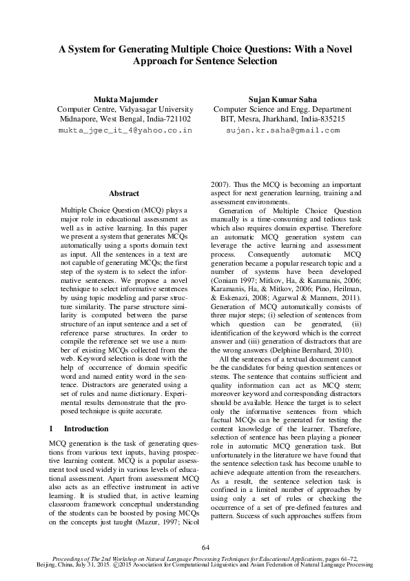 (PDF) A System for Generating Multiple Choice Questions: With a Novel Approach for Sentence ...