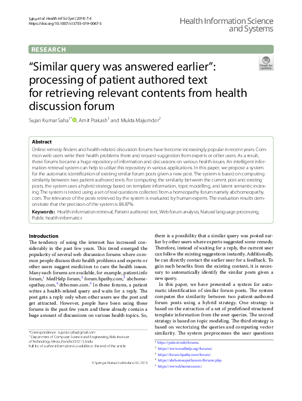 (PDF) “Similar query was answered earlier”: processing of patient ...