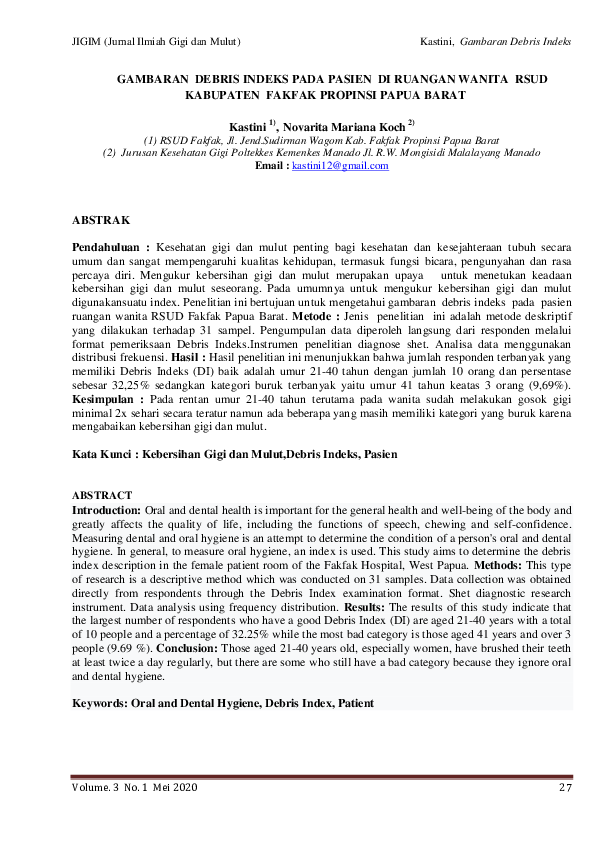 (PDF) Gambaran Debris Indeks Pada Pasien DI Ruangan Wanita Rsud ...