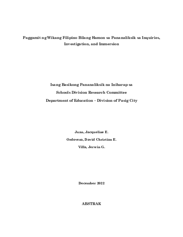 (PDF) Paggamit ng Wikang Filipino Bilang Hamon sa Pananaliksik sa ...