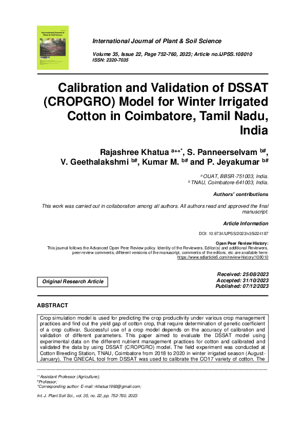(PDF) Calibration and Validation of DSSAT (CROPGRO) Model for Winter Irrigated Cotton in ...