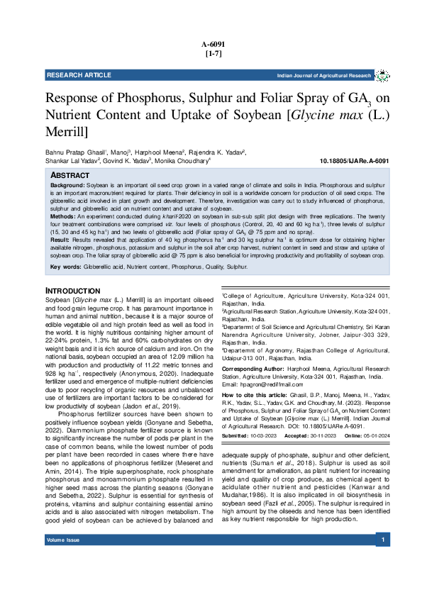 (PDF) Response of Phosphorus, Sulphur and Foliar Spray of GA3 on ...