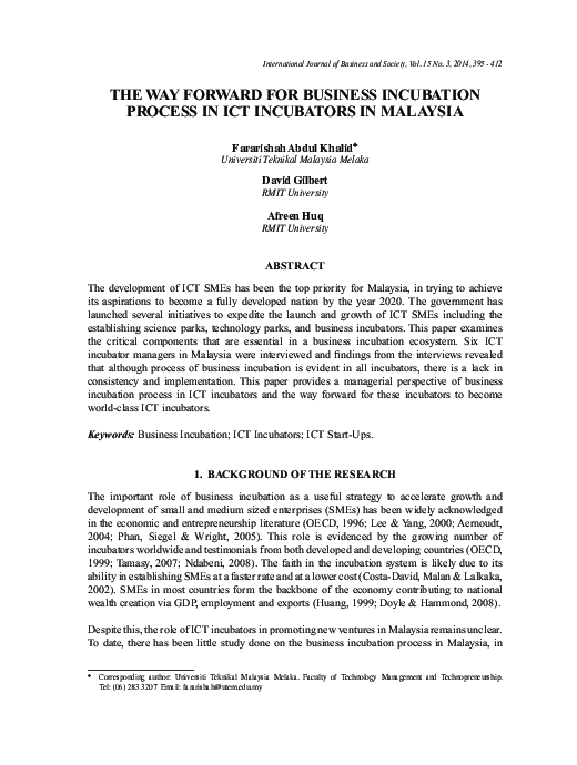 (PDF) The Way Forward for Business Incubation Process in Ict Incubators in Malaysia