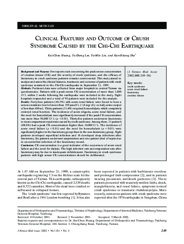 (PDF) Clinical features and outcome of crush syndrome caused by the Chi ...