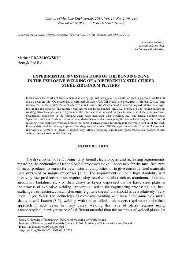(PDF) Experimental Investigations of the Bonding Zone in the Explosive Welding of a Differently ...
