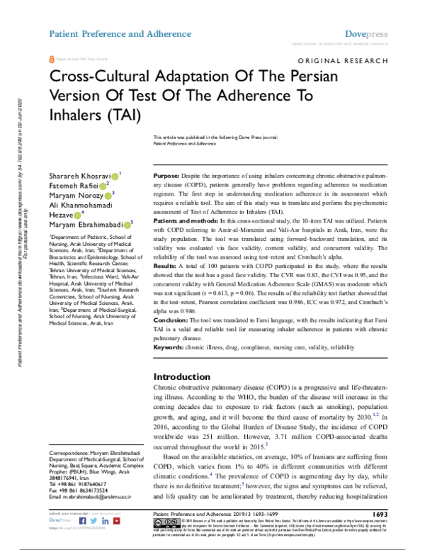 Pdf Cross Cultural Adaptation Of The Persian Version Of Test Of The Adherence To Inhalers Tai