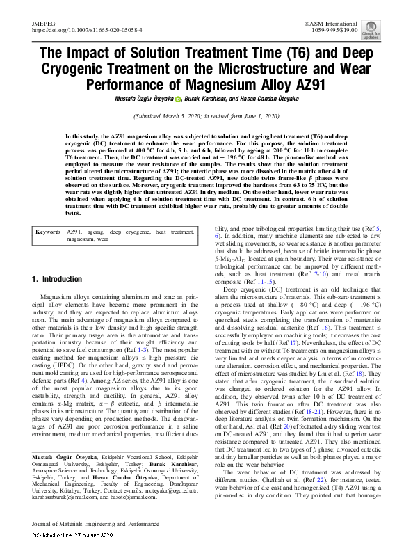 (PDF) The Impact of Solution Treatment Time (T6) and Deep Cryogenic Treatment on the ...
