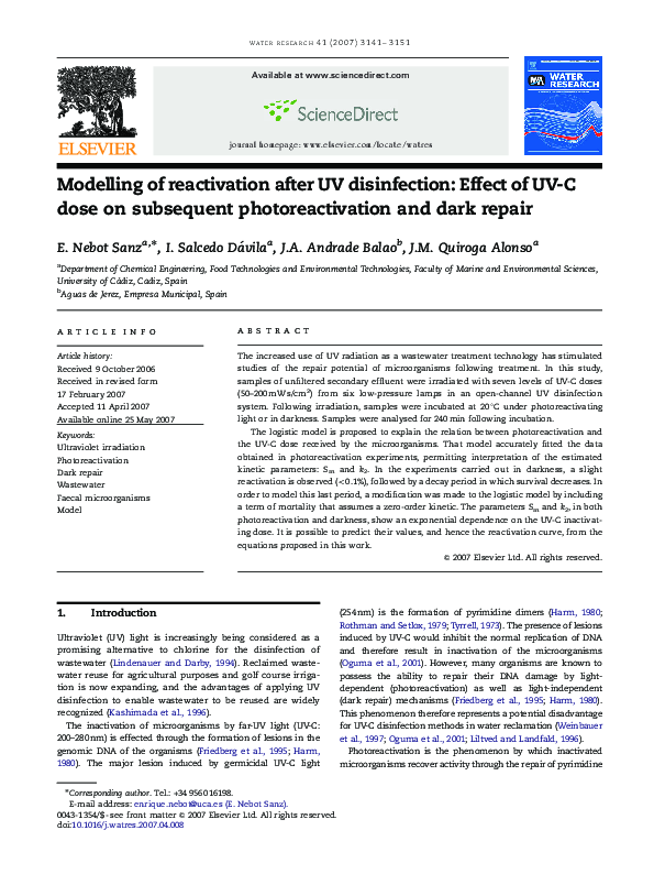 (PDF) Modelling of reactivation after UV disinfection: Effect of UV-C ...
