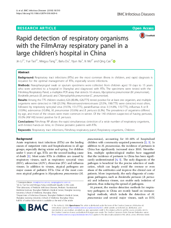 (PDF) Rapid detection of respiratory organisms with the FilmArray ...