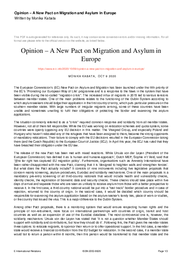 (PDF) Opinion -A New Pact on Migration and Asylum in Europe