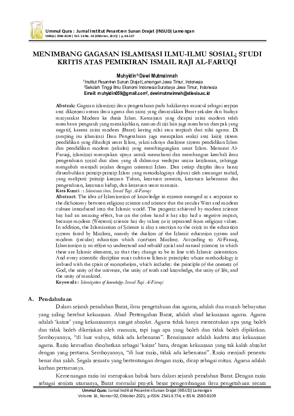 (PDF) Menimbang Gagasan Islamisasi Ilmu-ilmu Sosial; Studi Kritis atas Pemikiran Ismail Raji Al ...