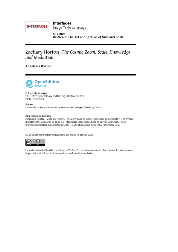 (PDF) Zachary Horton, The Cosmic Zoom. Scale, Knowledge and Mediation