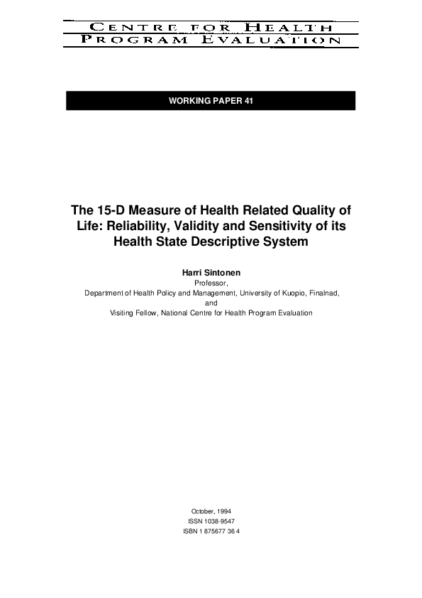 (PDF) The 15-D Measure of Health Related Quality of Life: Reliability ...
