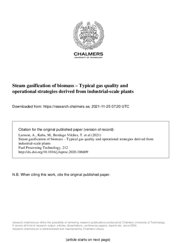 (PDF) Steam gasification of biomass – Typical gas quality and operational strategies derived ...