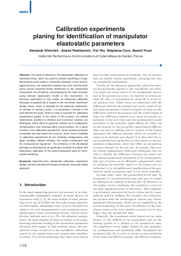(PDF) Calibration experiments planing for identification of manipulator ...
