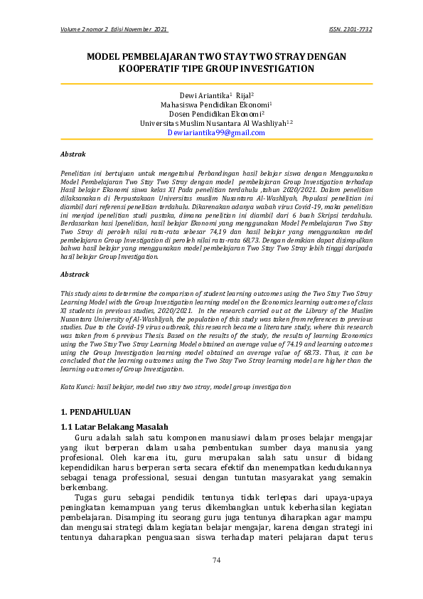 (PDF) Perbandingan Hasil Belajar Siswa Menggunakan Model Pembelajaran Two Stay Two Stary Dengan ...