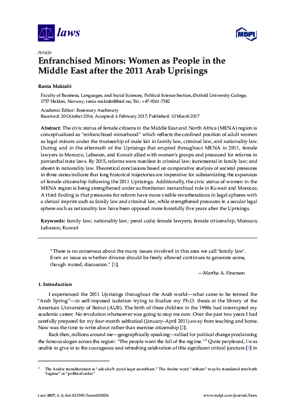 (PDF) Enfranchised Minors: Women as People in the Middle East after the ...