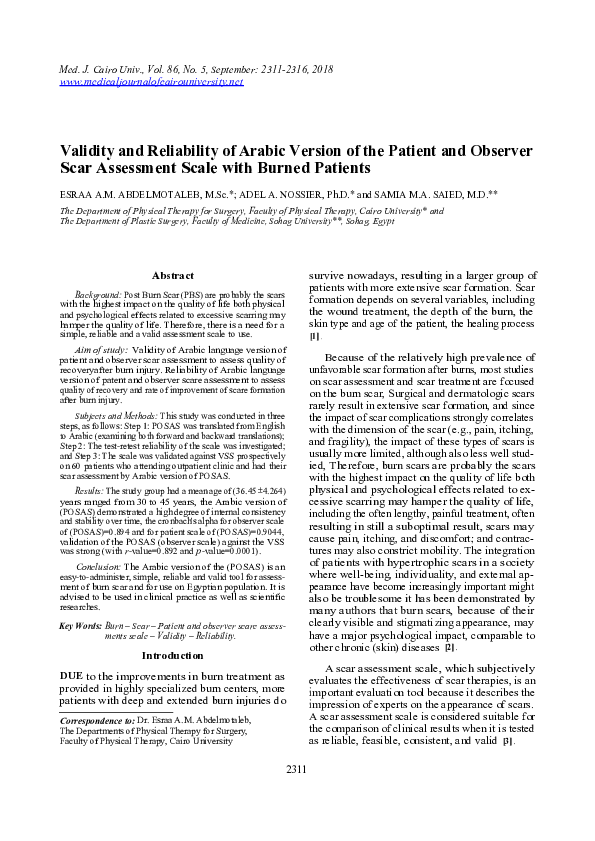 (PDF) Validity and Reliability of Arabic Version of the Patient and Observer Scar Assessment ...