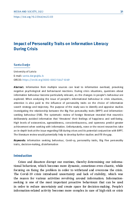 (PDF) Impact of Personality Traits on Information Literacy During Crisis
