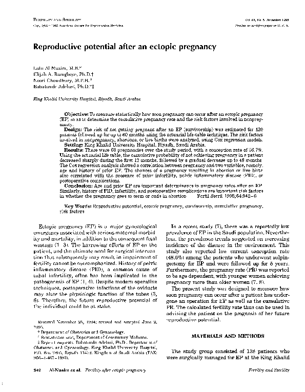 (PDF) Reproductive potential after an ectopic pregnancy | Lulu Al-nuaim ...