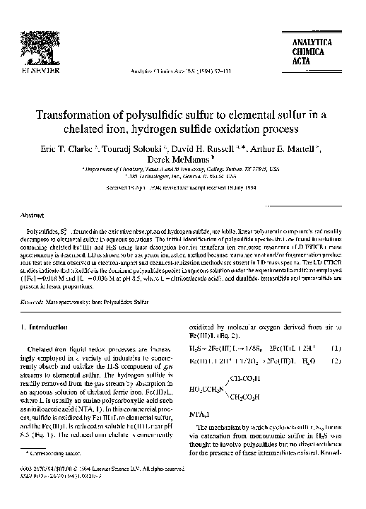 (PDF) Transformation of polysulfidic sulfur to elemental sulfur in a ...