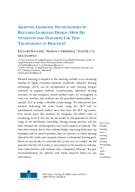 (PDF) Adaptive Learning Technologies In Blended Learning Design: How Do Students and Teachers ...
