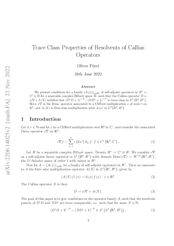 (PDF) Trace Class Properties of Resolvents of Callias Operators