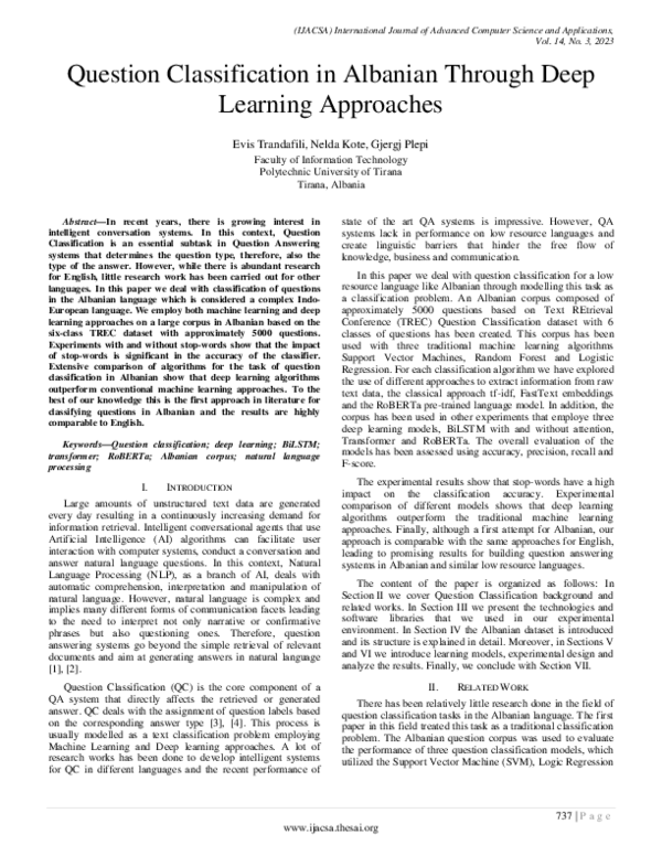 (PDF) Question Classification in Albanian Through Deep Learning Approaches