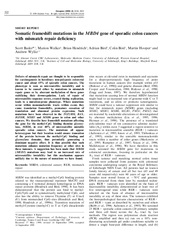 (PDF) Somatic frameshift mutations in the MBD4 gene of sporadic colon ...