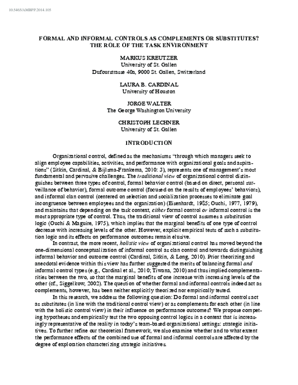 (PDF) Formal and Informal Controls as Complements or Substitutes? The ...
