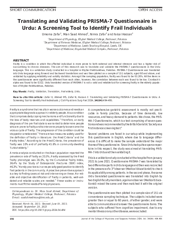 (PDF) Translating and Validating PRISMA-7 Questionnaire in Urdu: A ...