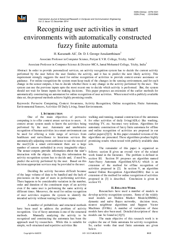 Pdf Recognizing User Activities In Smart Environments With Automatically Constructed Fuzzy