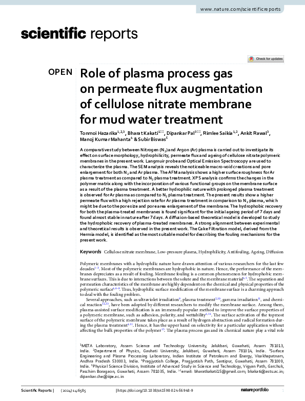 (PDF) Role of plasma process gas on permeate flux augmentation of ...