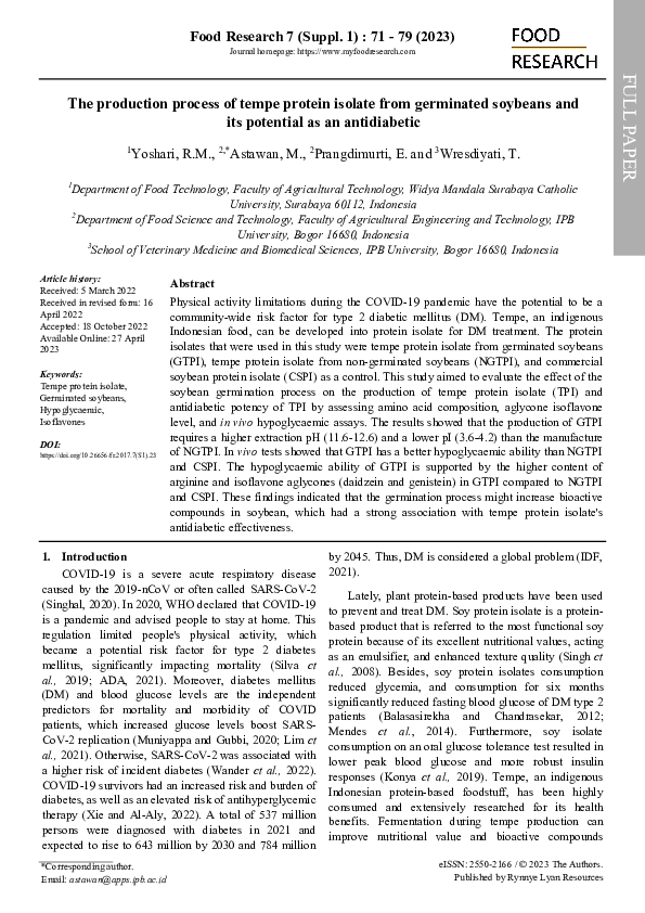 (PDF) The production process of tempe protein isolate from germinated ...
