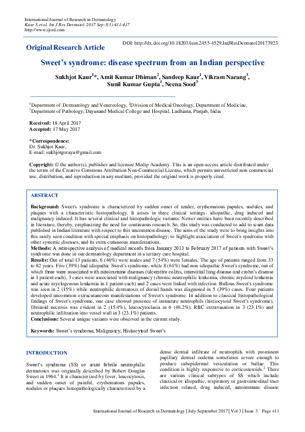 (PDF) Sweet’s syndrome: disease spectrum from an Indian perspective