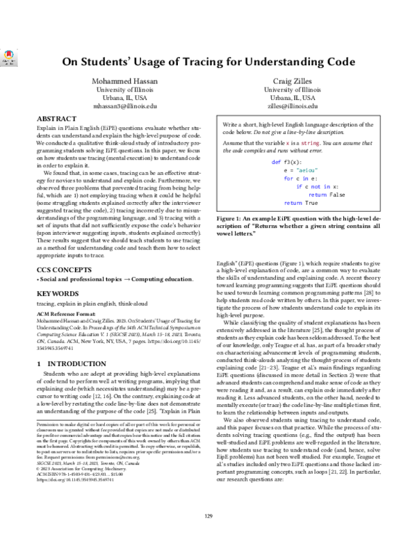 (PDF) On Students' Usage of Tracing for Understanding Code