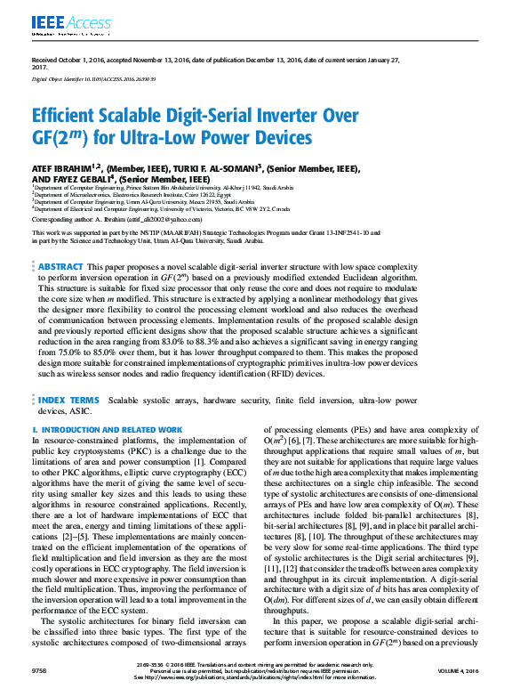 (PDF) Efficient Scalable Digit-Serial Inverter Over GF( $2^{m}$ ) for ...