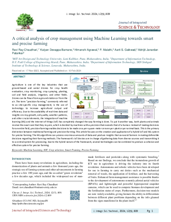 (PDF) A critical analysis of crop management using Machine Learning towards smart and precise ...
