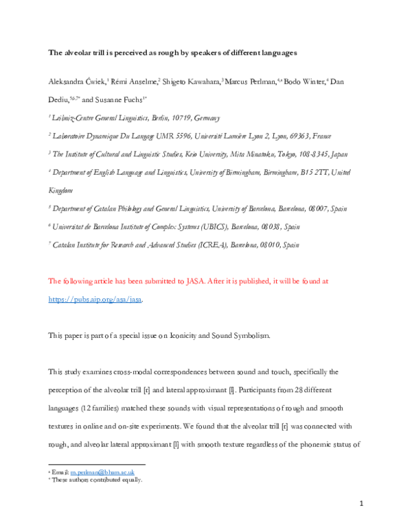 (PDF) The alveolar trill is perceived as rough by speakers of different ...