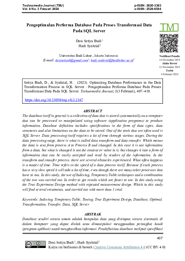 (PDF) Pengoptimalan Performa Database Pada Proses Transformasi Data ...