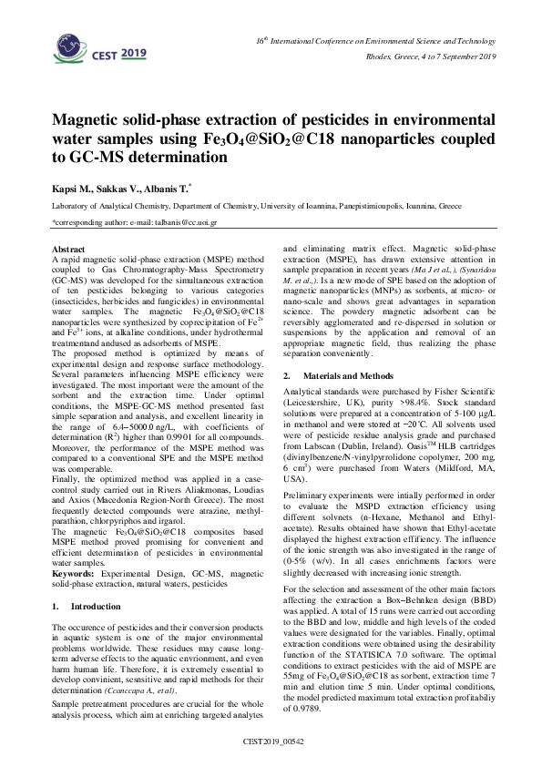 (PDF) Magnetic solid-phase extraction of pesticides in environmental water samples Fe3O4@SiO2 ...